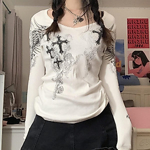 Grunge Clothes for Women Y2K Tops Long Sleeve Fairy Grunge Aesthetic Shirts Teen Girls Vintage Graphic Tees Fall (Aa- White, S)