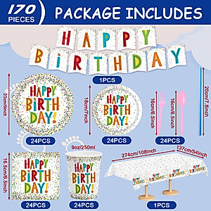 TeeFity 170 Pcs Confetti Birthday Party Tableware Set, Party Table Colorful Supplies Include Disposable Paper Plates, Napkins, Cups, Straws, Tablecloth, Banner and Forks Spoons for 24 Guests