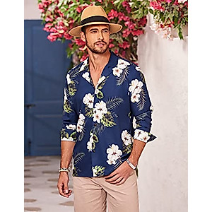 COOFANDY Men Hawaiian Shirts Flower Long Sleeve Beach Shirt Relaxed Fit Tropical Button Up Shirt for Summer Navy Blue XXL