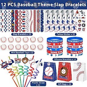 Erweicet Baseball Party Favors Set 72 PCS Baseball Slap Straws Silicone Bracelets Tattoo Stickers Mini Bouncy Balls Toy for Goodie Bag Fillers Baseball Themed Birthday Party Supplies