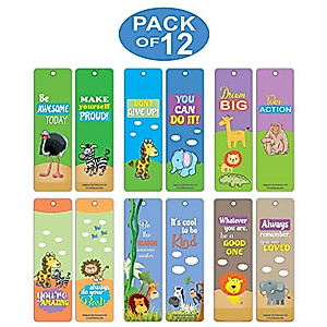Creanoso Safari Animals Motivational Bookmark Cards (12-Pack) – Premium Quality Set – Inspiring Inspirational Words for Boys, Girls, Kids – Six Assorted Bookmarks Designs Pack