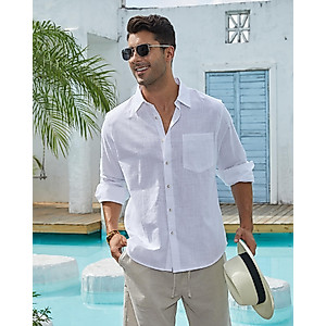 J.VER Men's Casual Button Up Linen Shirts Solid Long Sleeve Work Shirt Loose Fit Vacation Shirts with Pocket Navy Blue X-Large