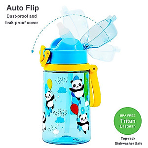 Home Tune 2 Pack Cute Water Bottles with Straw for Kids Girls Boys, BPA FREE Tritan & Leak Proof & Secure Lock & Soft Carry Loop, 14oz / 400ml (Airplane & Panda)