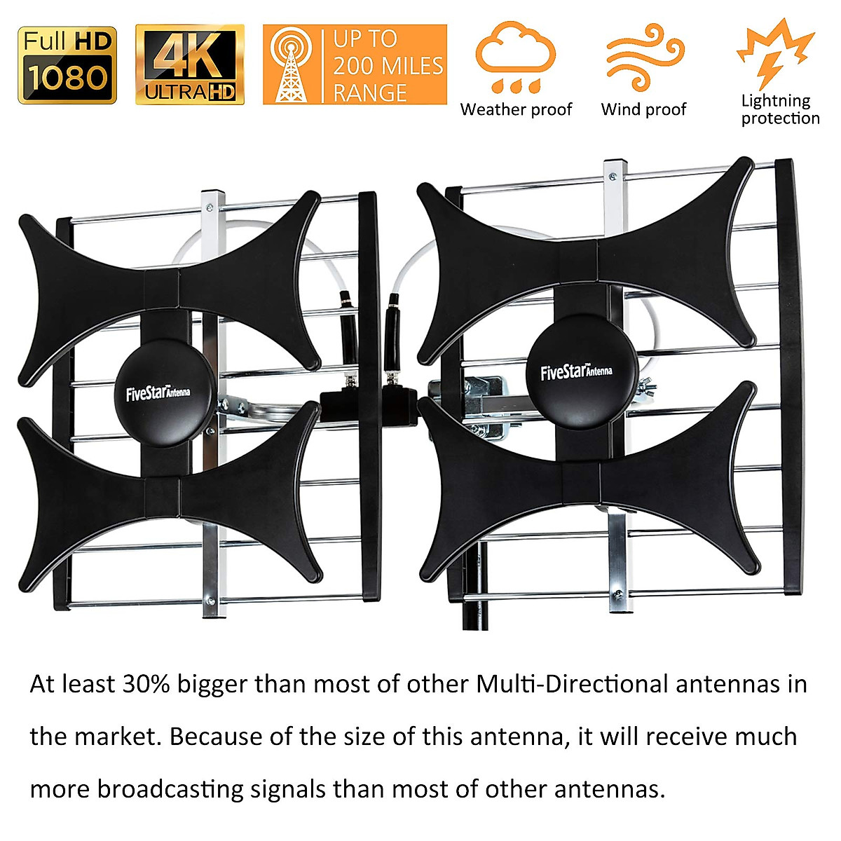 Five Star Multi-Directional 4V HDTV Antenna - up to 200 Mile Range, UHF/VHF, Indoor, Attic, Outdoor, 4K Ready 1080P FM Radio, Supports 4 TVs Plus Installation Kit and Mounting Pole