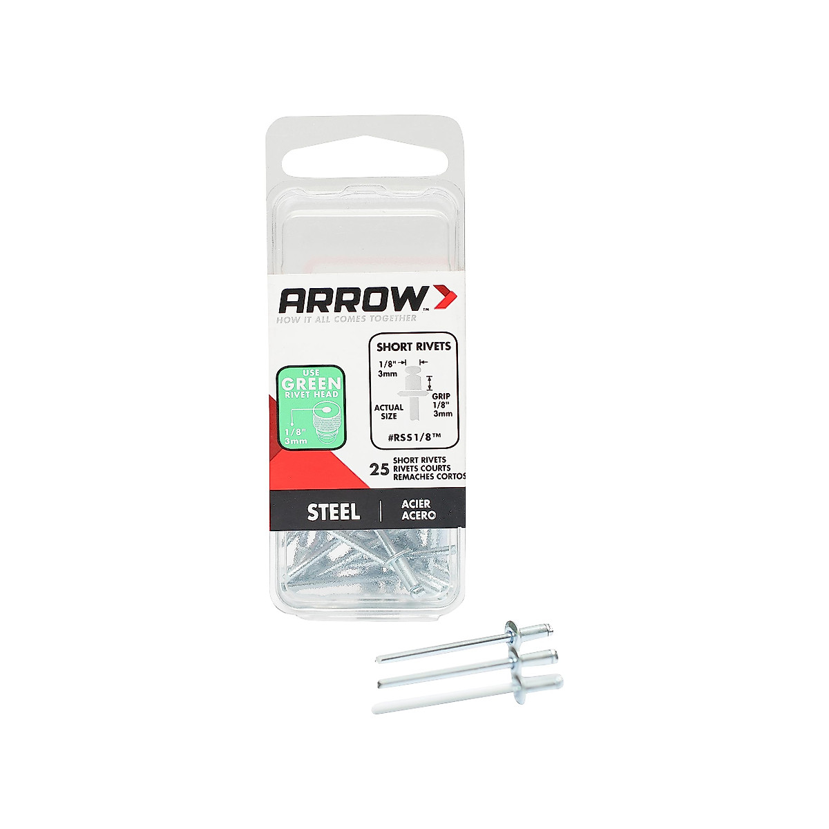 Arrow RSS1/8 Short Steel 1/8-Inch Pop Rivets for Metal, Fabric, Leather, and Auto Repair, 25-Pack