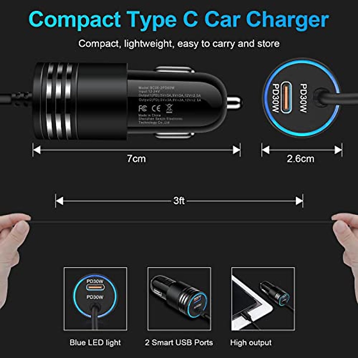 Android USB C Samsung Super Fast Car Charger for Samsung Galaxy S23 Ultra/S23/S23 Plus/A14 5G/A54/S22/S21 fe/S20/A53 5G/A13/A03S/A32, 60W Fast Car Adapter with 30W Built-in Type C Fast Charging Cable