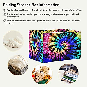 Gougeta Foldable Storage Basket with Handle, Tie Dye Rainbow Colorful Rectangular Canvas Organizer Bins for Home Office Closet Clothes Toys 2 Pack