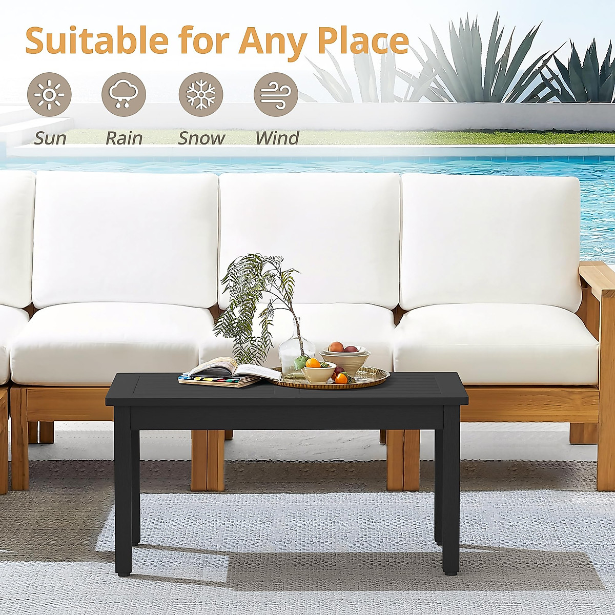 LUE BONA Outdoor Coffee Table Rectangle, HDPS Patio Coffee Tables for Outside, All Weather Patio Coffee Table with Slatted Tabletop for Deck, Garden, Balcony, Indoor or Outdoor Use, Black