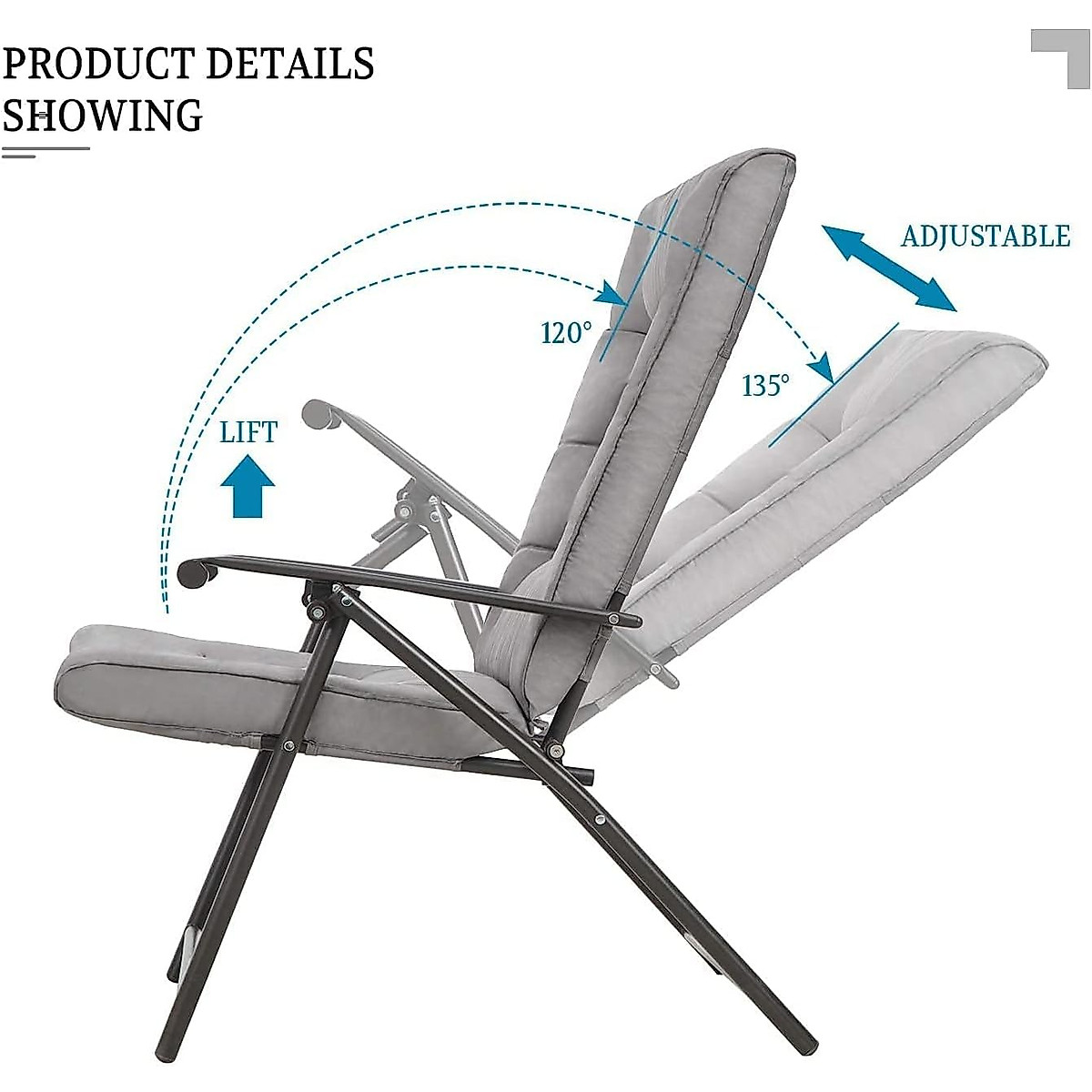 Patiomore 3 Pcs Patio Folding Bistro Set, Outdoor Metal Adjustable Recliner Furniture Set, 2 Foldable Padded Chairs and Coffee Bistro Table Set for Balcony, Backyard, Porch, Grey