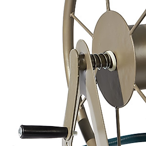 Liberty Garden Multi Purpose Steel Garden Hose Storage Reel for Backyard, Garden, or Home, with 5 Foot Leader Hose and Hose Connections, Bronze