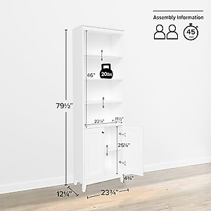 Prepac Yaletown Bookcase with Doors, White Storage Cabinet with Doors and Shelves, Accent Cabinet 23.75" W x 79.50" H x 12.25" D, WSBR-2310-1