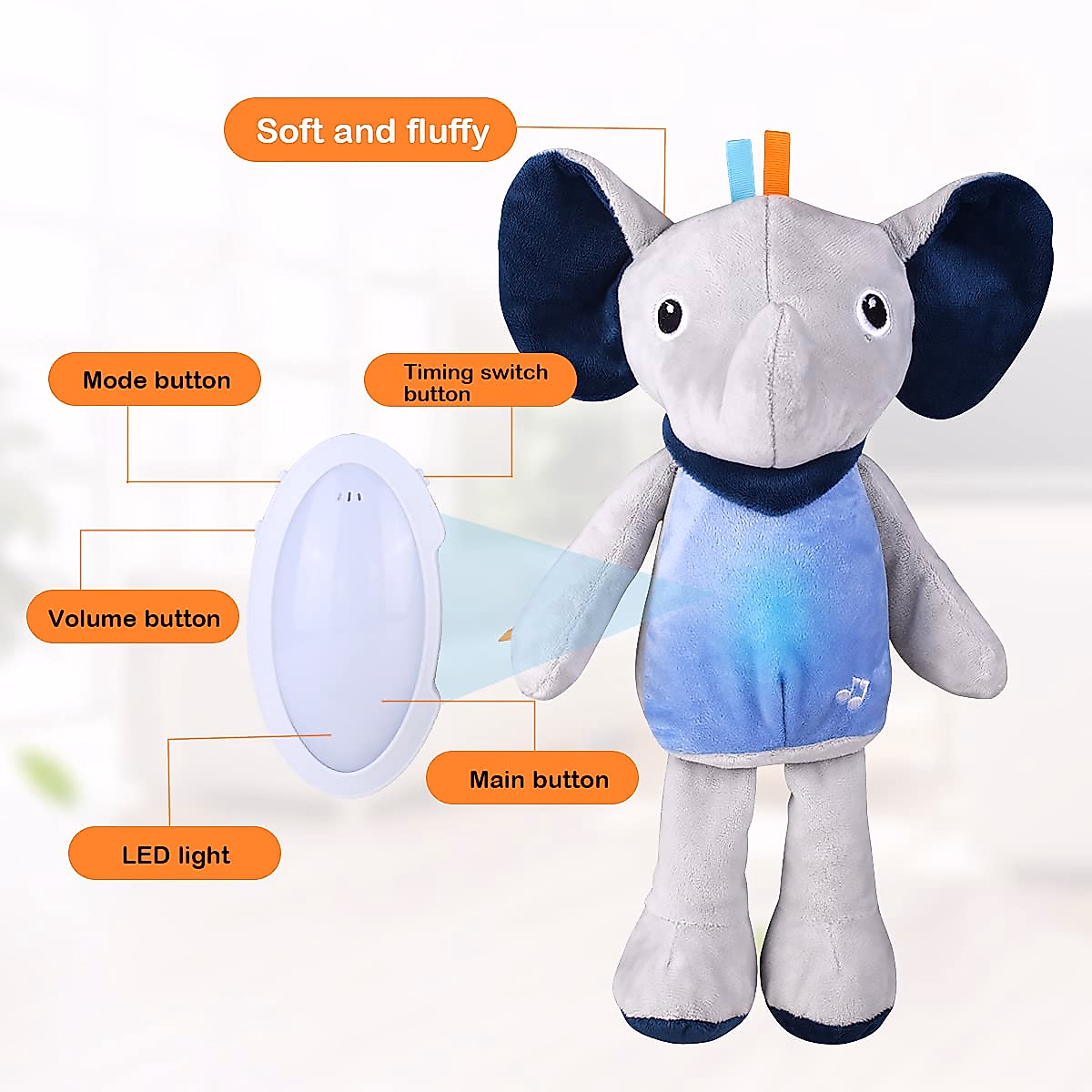 Baby Sleep Soother Toddler Sleep Aid Night Light with Soothing Sound Machine, Elephant Lullaby Sleep Plush Toy Gift for Newborn and Up Boy and Girls