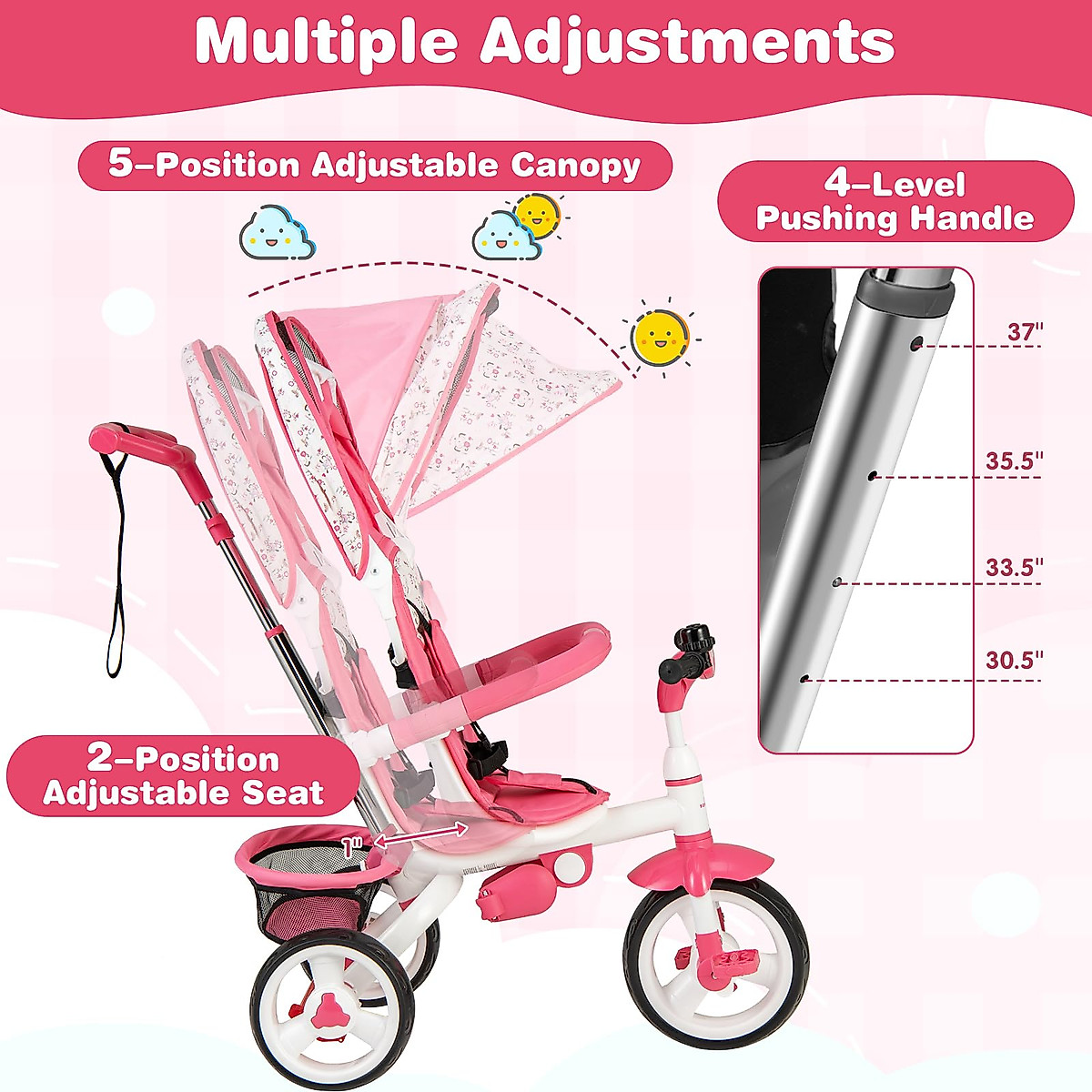 Costzon Tricycle for Toddlers, 6 in 1 Trike w/Parent Handle, Adjustable Canopy, Storage, Safety Harness & Wheel Brakes, Baby Push Tricycle Stroller for Kids Boys Girls Aged 9 Month-5 Years Old, Pink