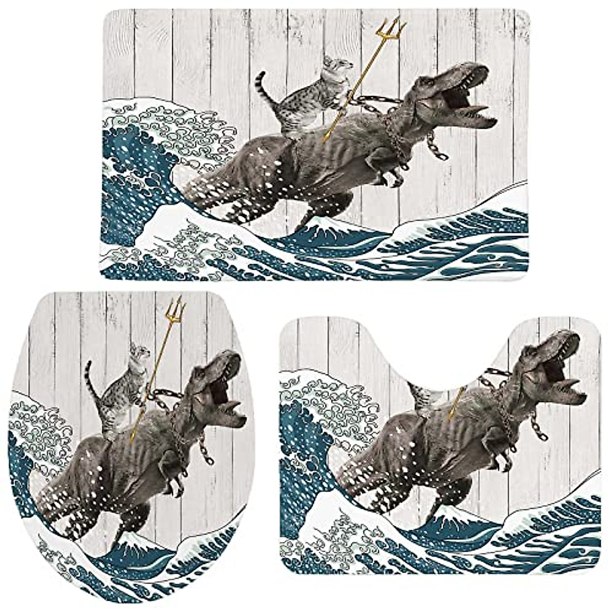 Boziqr Funny Cat Shower Curtain Set - Cute Cat Riding Dinosaur, Ocean Wave Bath Mat, Contour Mat, Toilet Lid Cover