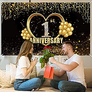 Yoaokiy 1 Year Anniversary Banner Decorations, Extra Large Happy 1st Wedding Anniversary Backdrop Poster Sign Supplies, Gold One Year Anniversary Decor Photo Props for Outdoor Indoor(6 X 3.6ft)