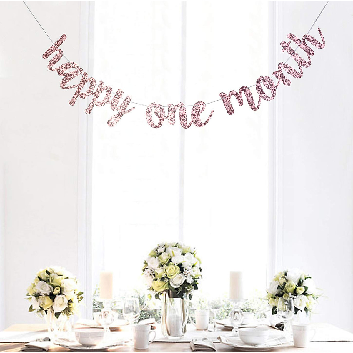 Starsgarden Glittery Rose Gold Happy One Month Banner, Baby Boys/Girls' 1 Months/Half Year Birthday, Baby Shower Party Gold Gliter Paper Sign(Rose Gold One Month)