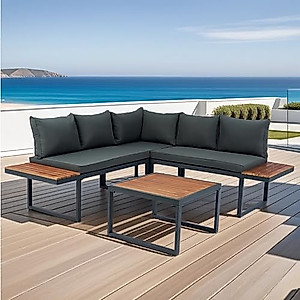CABSETT 4 Piece Outdoor Furniture Set, L-Shaped Patio Wicker Sectional Sofa Seating Group Conversation Sets Built-in Side Tables and Cushions Suit for Gathering, Rustproof & Weatherproof, Dark Gray