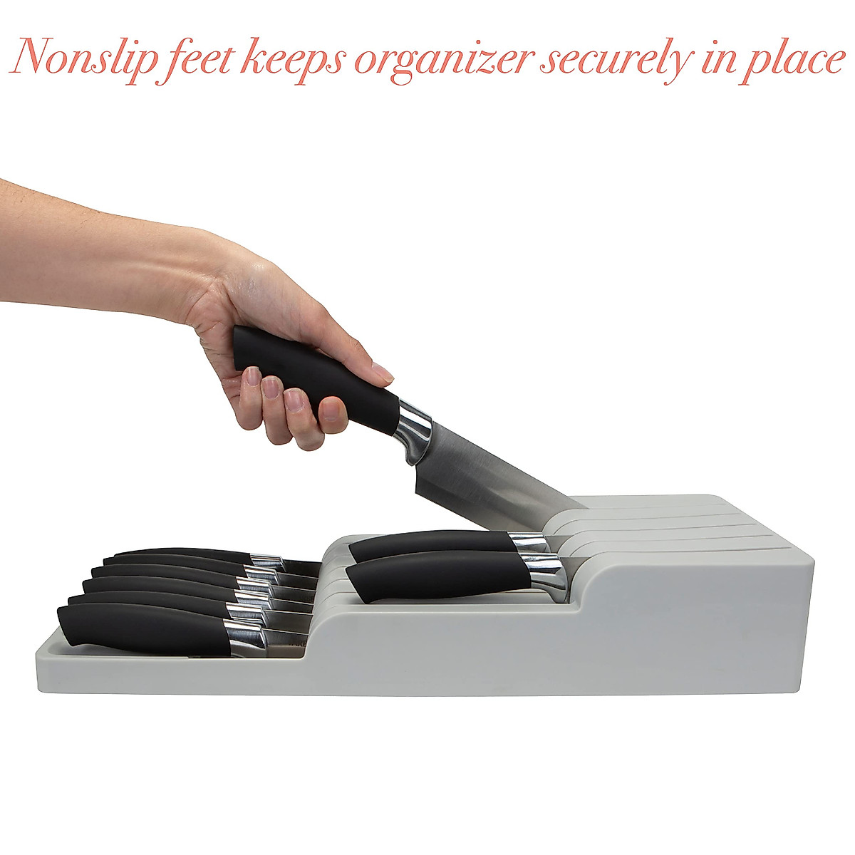 Kitchen Details 2 Tier Knife Drawer Organizer | Holds 11 Knives | Utensil Holder | Knife Block | Storage & Organization | Space Saver | Grey