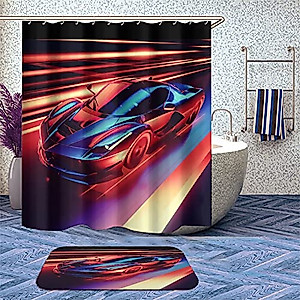 4 Piece Shower Curtain Sets Racing Extreme Sports Speed Games Automobile with Non-Slip Rugs Toilet Lid Cover and Bath Mat Bathroom Decor Set 72" x 72"