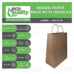 EcoQuality 18x7x19 inches - 50pcs - X-Large Brown Kraft Paper Bags with Handles, Shopping, Gift Bags, Party, Merchandise, Lunch Bags, Grocery Bags