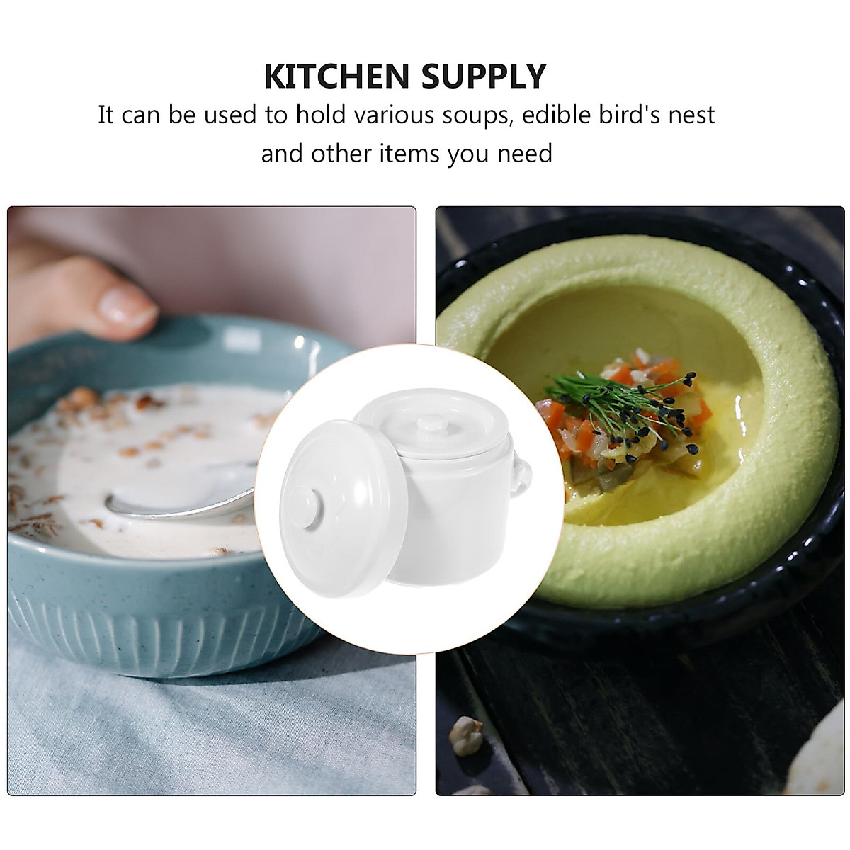 HEMOTON White Ceramic Stew Pot with Lid Steam Soup Bowl with Handles Steaming Cup Soup Noodle Bowl Stockpot Cookware for Egg Custard Medicinal and Birds Nest