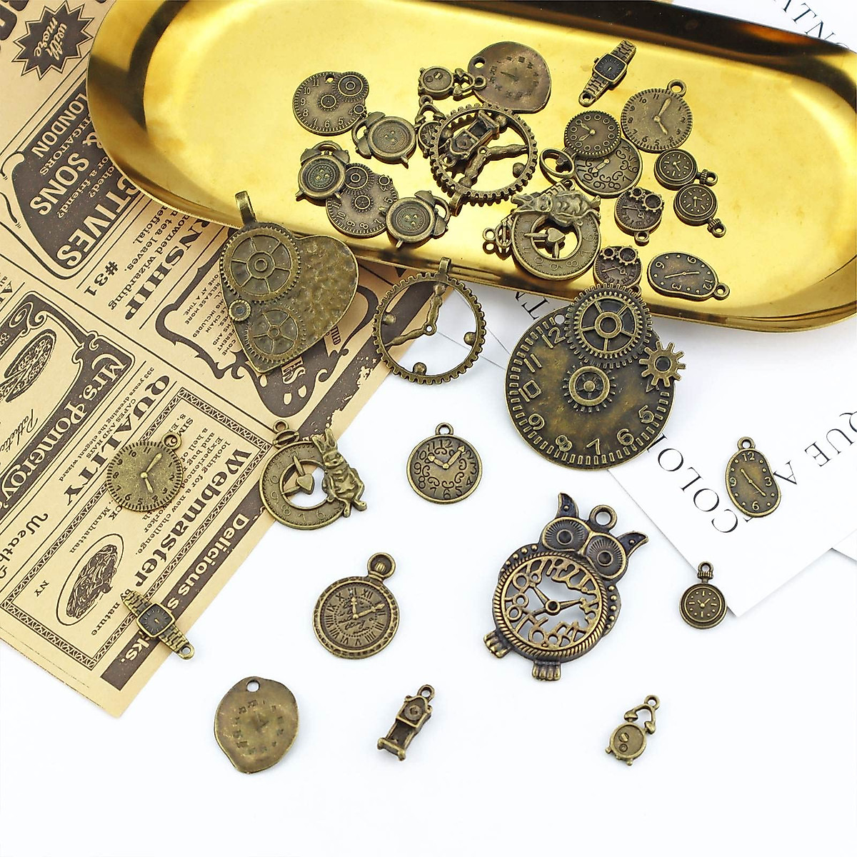 JIALEEY Antiqued Bronze Clock Face Charm Pendant, Wholesale Bulk Lots Mixed Gears Steampunk Charms Pendants DIY for Necklace Bracelet Jewelry Making and Crafting, 100g(38PCS)