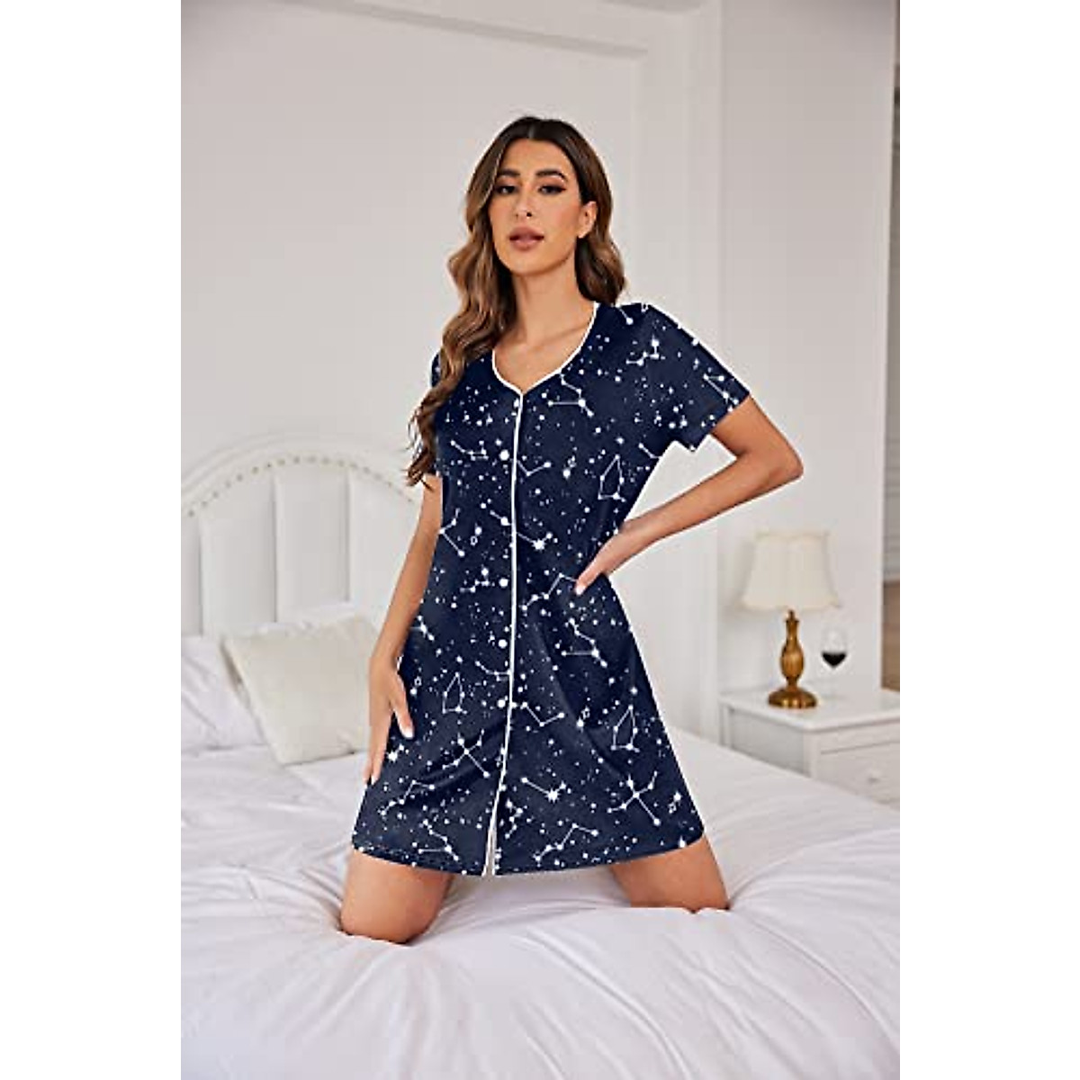 Ekouaer Womens Nightshirt V Neck Ladies Sleepwear Shirts Loose Sleeve Button Pajama Dress (Black,Star Printed)
