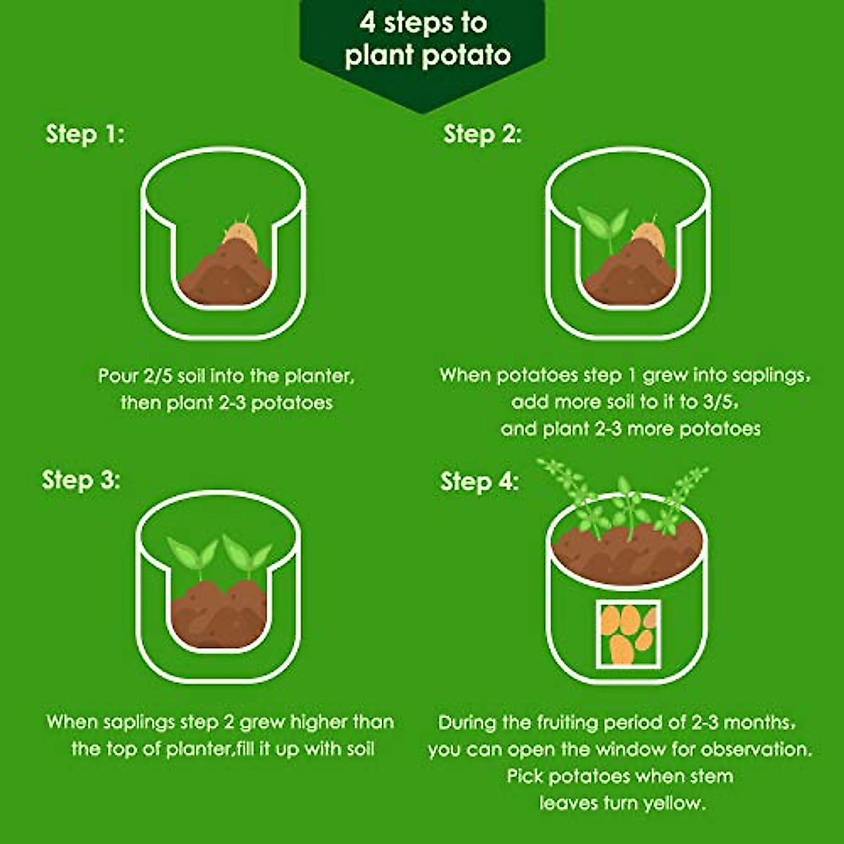 Delxo 5 Pack 10 Gallon Potato Grow Bags, Garden Planting Growing Bag with Flap, Double Layer Breathable Nonwoven Cloth for Potatoes/Planter/Vegetable/Tomato Fabric Pots with Handles Green