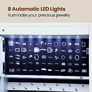Hzuaneri 8 LEDs Mirror Jewelry Cabinet, 35.4-inch Jewelry Armoire Organizer, Wall/Door Mount Lockable Storage Cabinet with 4 Earrings Shelves, 2 Makeup Pockets, White and Black JC9003B