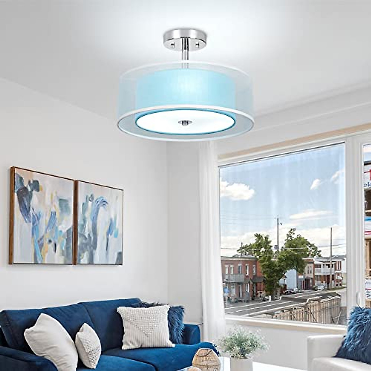 DLLT 3-Light Semi Flush Mount Ceiling Light Fixture, 15'' Blue Drum Light Ceiling Hanging with Double Fabric Shade, Modern Close to Ceiling Lamp for Living Room Bedroom Kitchen Dining Room Entry Foyer