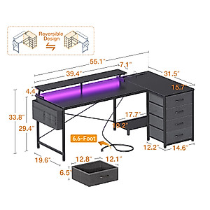 ODK 55-Inch L Shaped Gaming Desk with LED Lights & USB Power Outlets, Reversible Computer Desk with 4 Drawers, Corner Gamer Desk with CPU Shelf & Monitor Stand, Gaming Table for Bedroom, Black