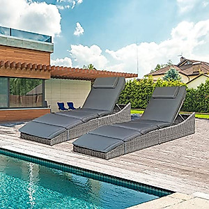 BTEXPERT Foldable Outdoor Chaise Pool Lounge Chair Folding Wicker Rattan Sun Bed Patio Couch Reclining Lounger Adjustable Padded Backrest Pillow Assembled Set of 2, Grey - Two Piece