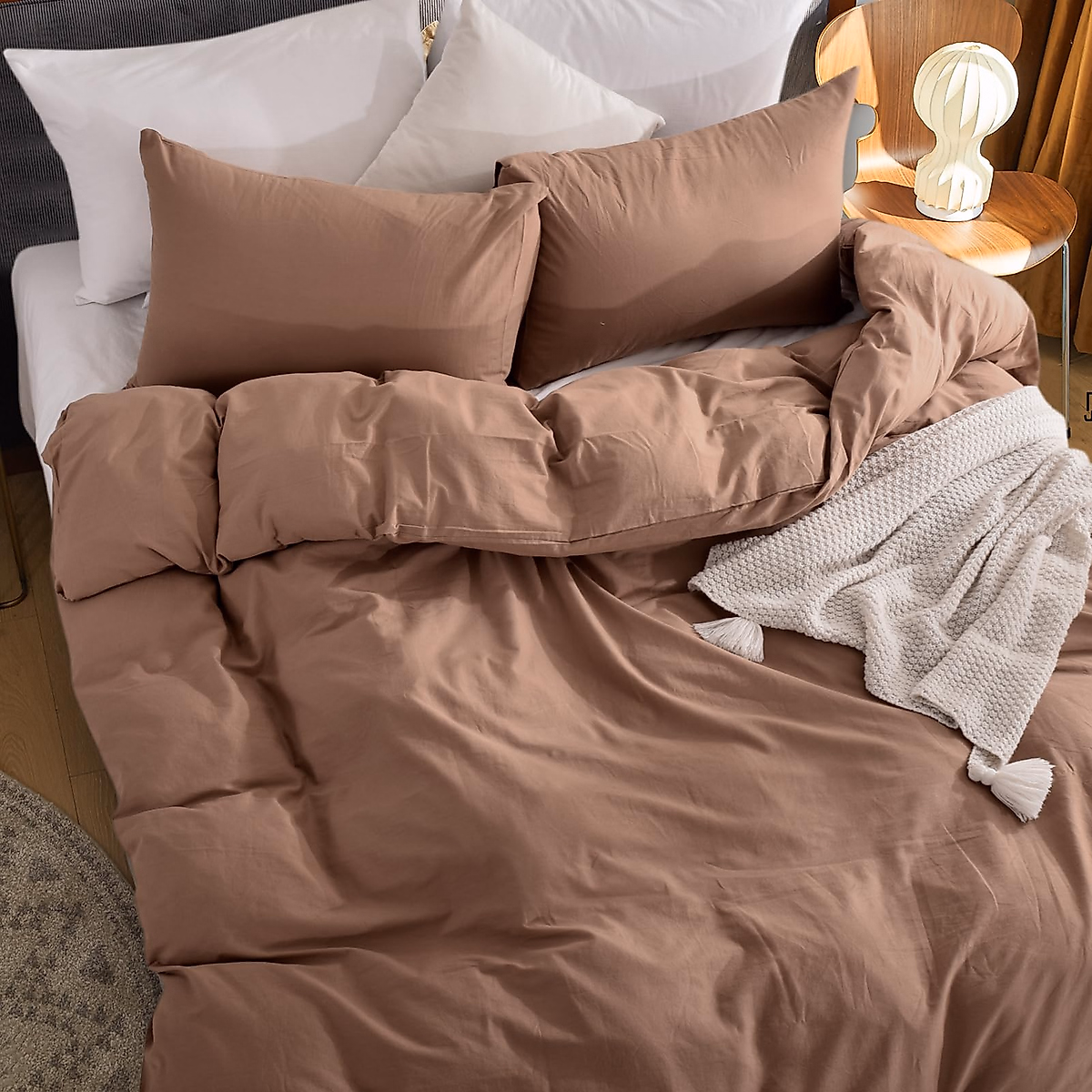 NEXHOME PRO Duvet Cover Set Queen Size Linen Textured Organic Natural 100% Washed Cotton Duvet Cover Mocha Brown 3 Pieces Bedding Set with Zipper Closure, Breathable, Soft (No Comforter)