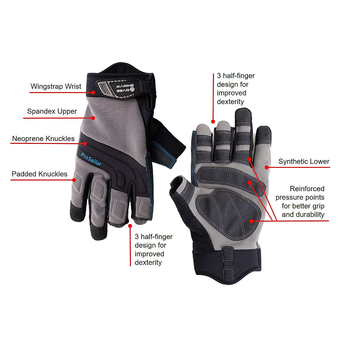 Marine Gear Sailing Gloves (Medium) - 3-Finger Dexterity Sailing Gear with Better Grip, Neoprene and Padded Knuckles, Reinforced Pressure Points