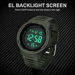 GOLDEN HOUR Mens Waterproof Digital Sport Watches Wide Screen Easy Read Display Military Style with Green Rubber Strap
