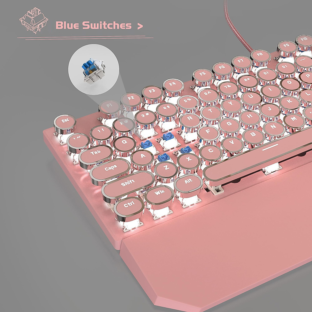 MageGee Typewriter Mechanical Gaming Keyboard, Retro Pink Punk Round Keycaps LED White Backlit Wired Keyboards with Detachable Wrist Rest for Game and Office, for Windows Laptop PC Mac - Blue Switches