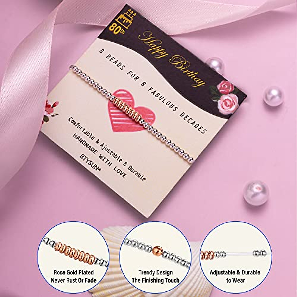 Btysun 80th Birthday Gifts for Grandma Her Stretch Bracelets for Women Rose Gold Bead Grandma Birthday Gifts Thanksgiving Christmas Jewelry