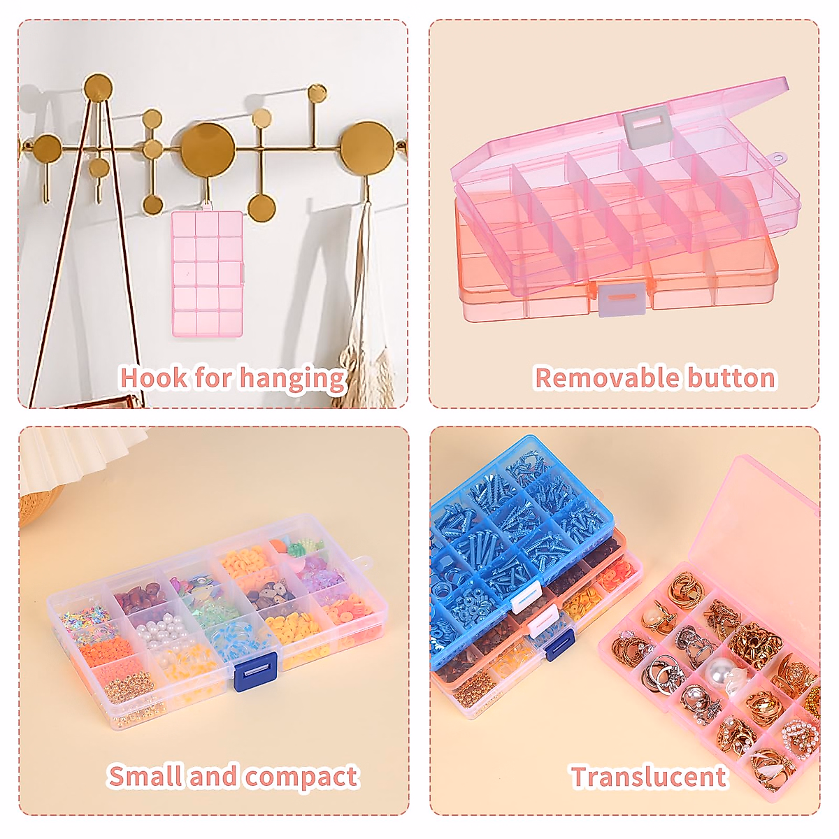 QUEFE 4 Pack 15 Grids Bead Organizers and Storage, Small Plastic Jewelry Organizer Box with Removable Dividers for Beads Earring Storage Containers(6.9 x 3.9 x 0.9 Inches)