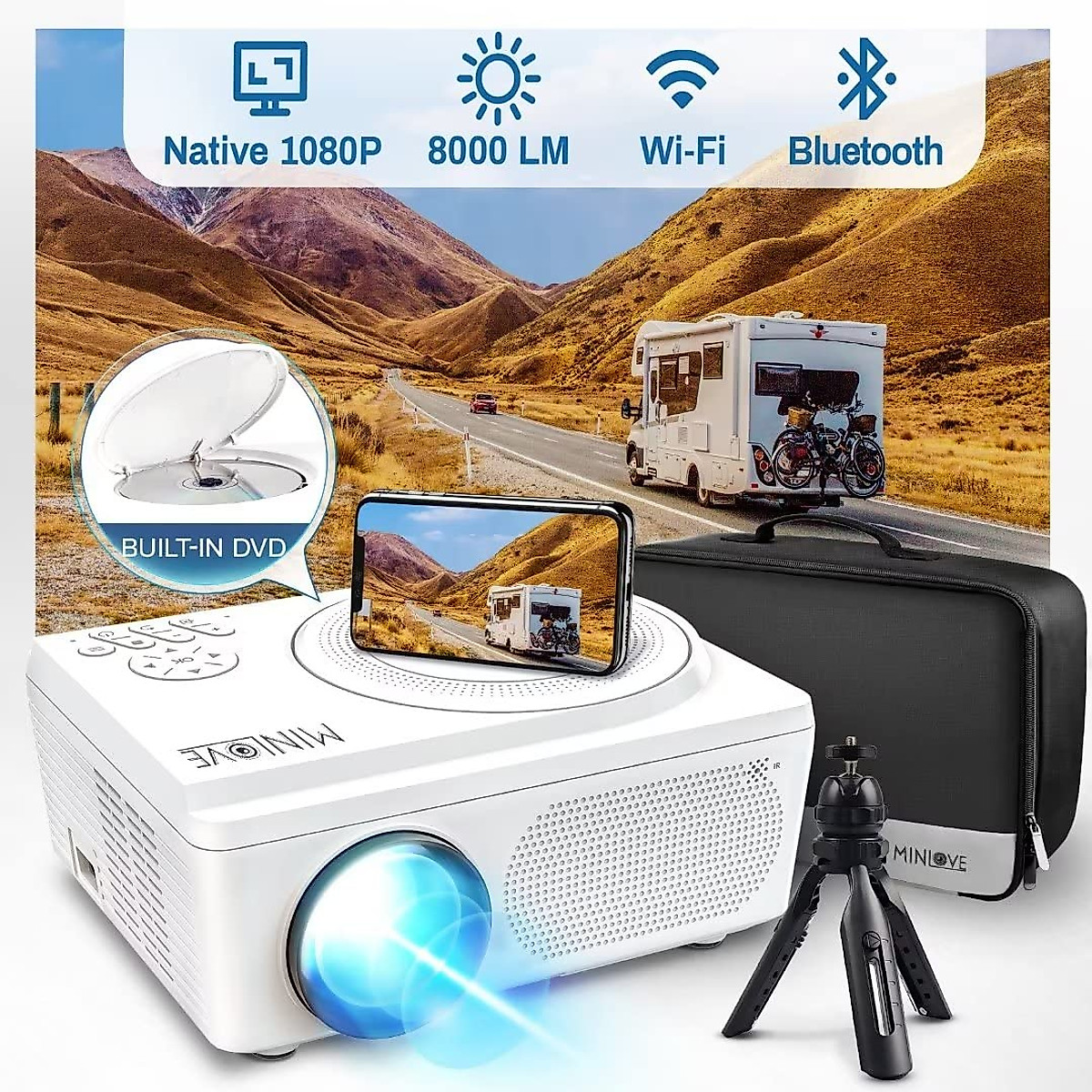 Native 1080P WiFi Bluetooth Projector Built in DVD Player, MINLOVE Full HD Portable Projector, Mini Video Movie Projector for Outdoor, Zoom & Sleep Timer Support, Compatible with TV/HDMI/VGA/AV/USB/TF