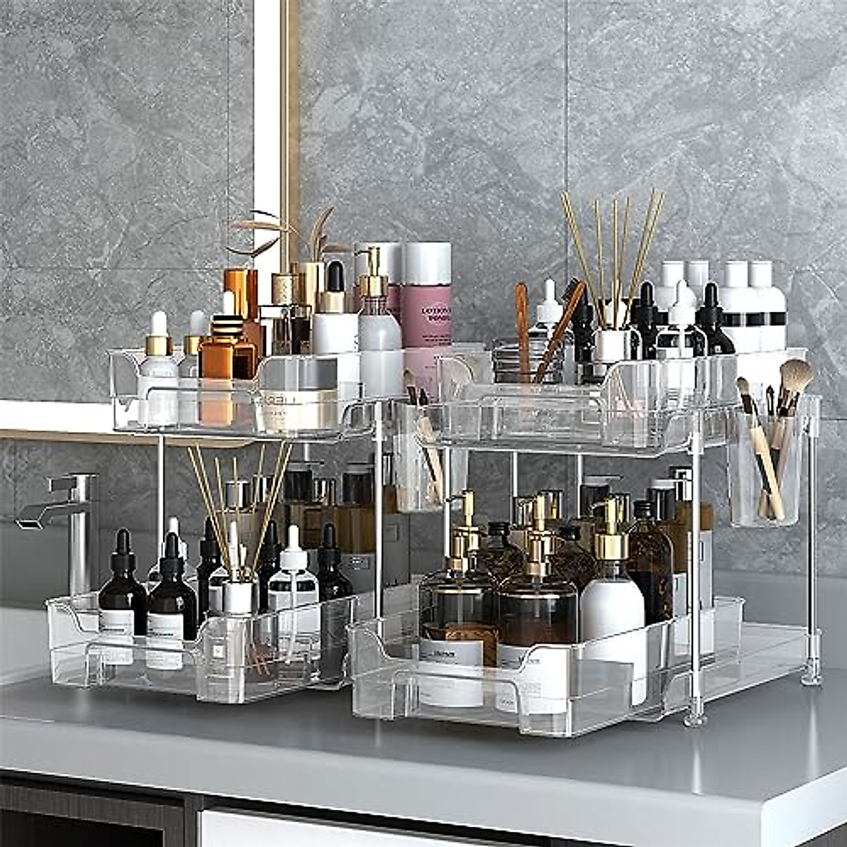 Mezdbrud Bathroom Organizer, Bathroom Counter Organizer 2 Tiers Clear Under the Sink Organizer Kitchen Organizers Storage Pull Out Cabinet Organizer Makeup Organizer for Vanity Perfume Tray (2 Tiers)