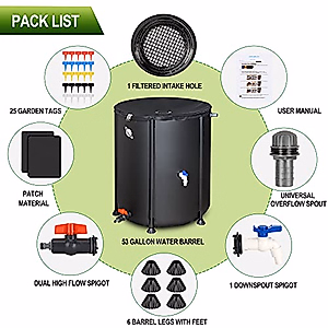 53 Gallon Portable Rain Barrel Water Tank - Collapsible Rainwater Collection System Storage Container - Water Collector Barrels Include Two Spigots and Overflow Kit - Comes with 25 Garden Labels