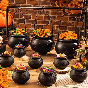 YGAOHF Cauldron Halloween Decor - Set of 12 Plastic Witches Cauldron Serving Bowls on Rack, Spooky Candy Bucket for Indoor Outdoor Home Decorations, Black