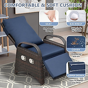 Skypatio Outdoor Recliner Chair, Independently Adjustable Backrest and Footrest All-Weather Wicker Patio Reclining Lounge Chair with Flip Side Table, Navy Blue