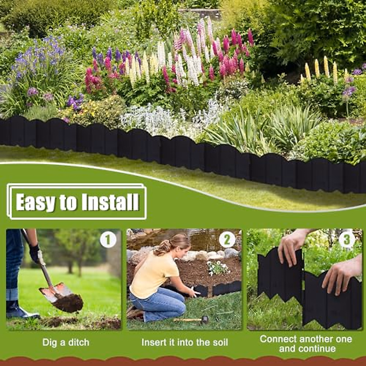TUEHUTDE Garden Edging Border, 40PCS Landscape Edging, Plastic Lawn Garden Fence Edging, 19.69ft Decorative Garden Borders and Edging for DIY Outdoor Patio Yard(black gray)