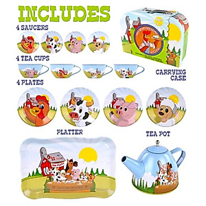 Regal Games Old Macdonald’s Tea Time - Barnyard Animal Designed Kid's Tea Time Set - includes 1 Teapot, 4 Cups, 4 Saucers, 1 Platter & Storage Case - Ideal Birthday & Easter Gift for Ages 5+