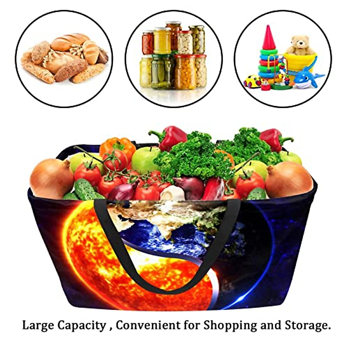 KQNZT Reusable Grocery Bags, Heavy Duty Reusable Shopping Bags, Large Tote Bags with Long Handles and Reinforced Bottom, Yin Yang Gossip Earth