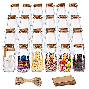 SUPERLELE 24pcs 3.4oz Glass Favor Jars, 100ml Small Glass Bottles with Cork Lids, Mini Milk Potion Bottles, Party Cute Jars Wedding Favors with 30pcs Label Tags and 20m Burlap Ribbon