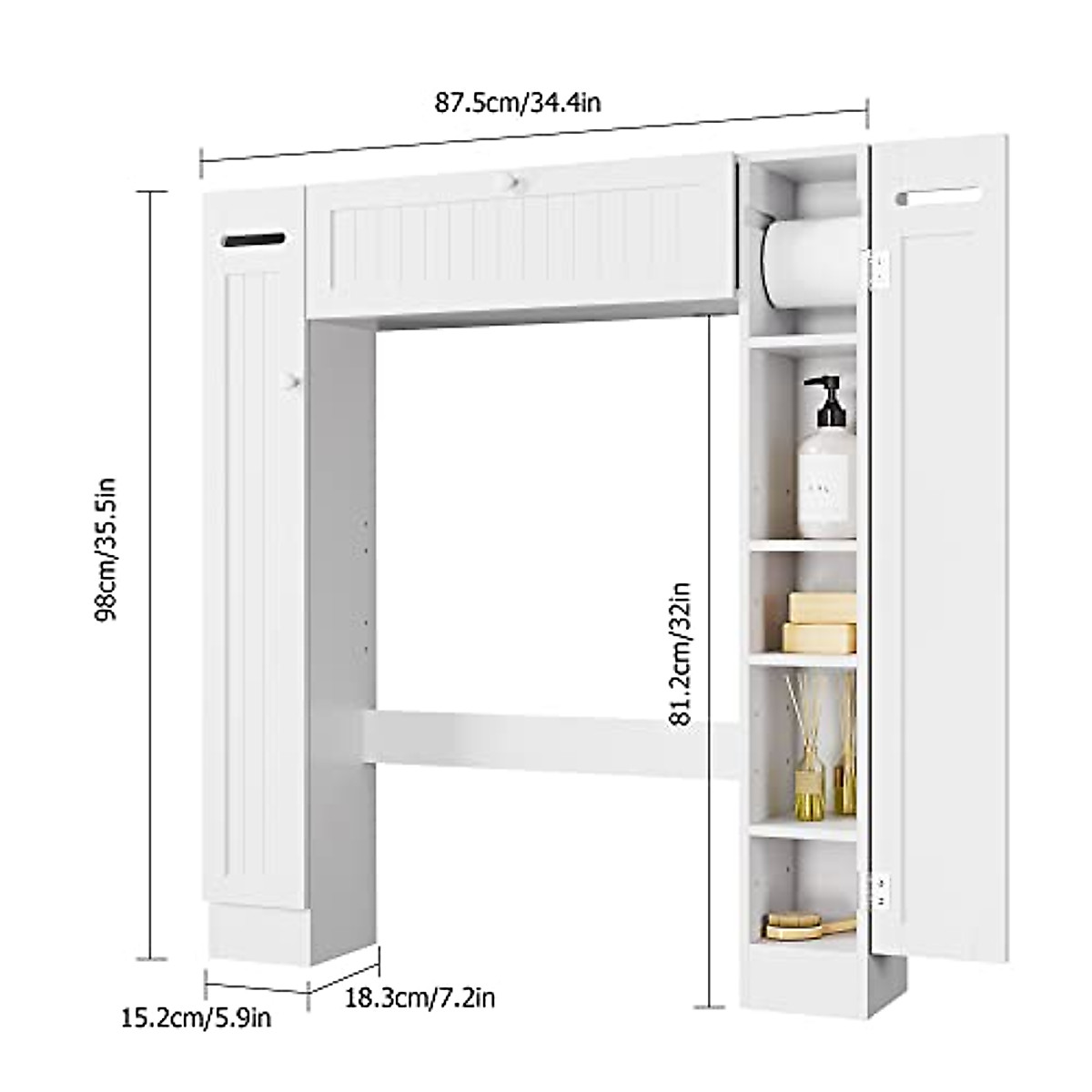 ITUSUT Over The Toilet Storage Cabinet, Freestanding Toilet Cabinet Organizer with 2 Side Doors and Pull-Down Door, Bathroom Cabinet Over Toilet with Adjustable Shelves & Paper Holder, White