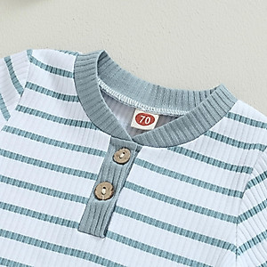 Newborn Baby Boy Girl Clothes Ribbed Knitted Long Sleeve Romper Pants Solid Cotton Infant Fall Winter Outfits 2Pcs (Striped Blue, 0-3 Months)