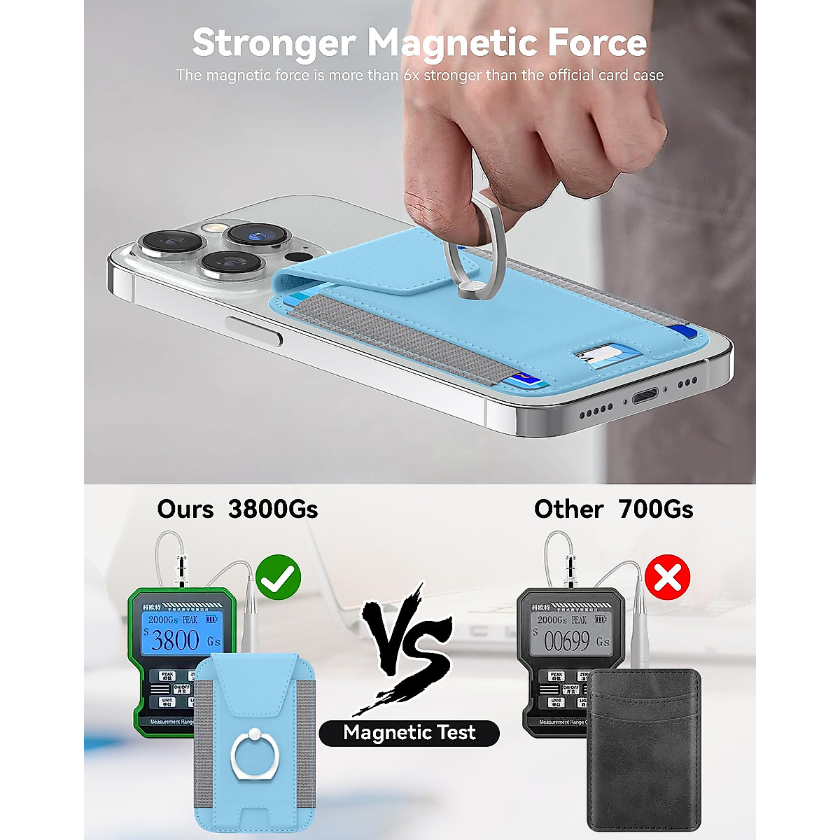 Amzone Magnetic Wallet with Card Holder, Compatible with Mag-Safe Wallet, Leather Card Holder, Wallet with Phone Ring for iPhone 15/14/13/12 Series, 7 Cards Holder (Light Blue)